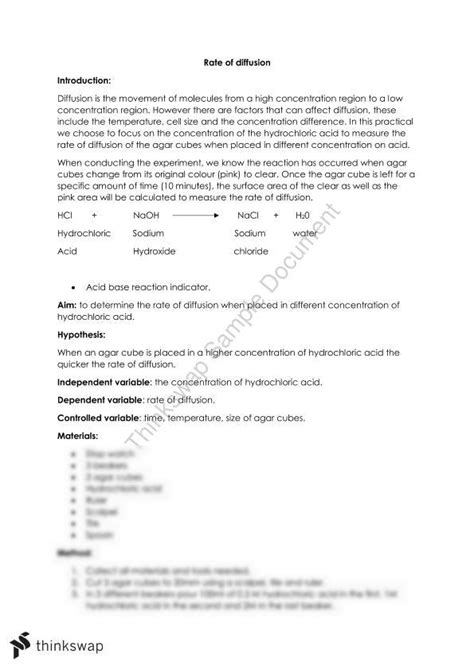 Rate Of Diffusion Practical Report Biology Year 11 Sace Thinkswap