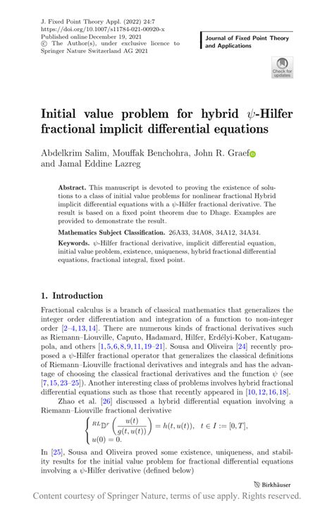 Initial Value Problem For Hybrid ψ Hilfer Fractional Implicit Differential Equations Request Pdf