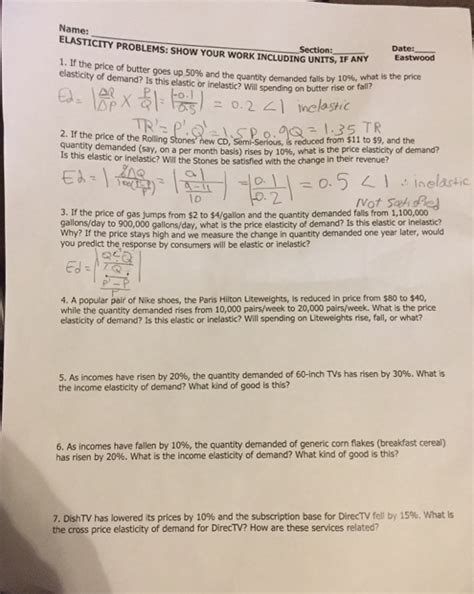Solved Name Elasticity Problems Show Your Work Including
