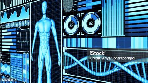 8k 3d 렌더링 인체 및 Dna 이중 나선 스캔 분석 추상 의료 미래 지향적 Hud 디스플레이 화면 인터페이스 Ver3 3차원 형태에 대한 스톡 사진 및 기타 이미지