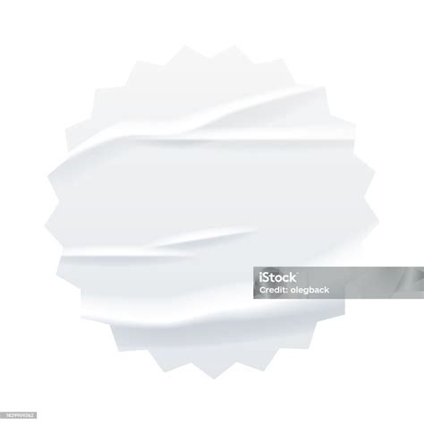 구겨진 흰 종이 둥근 스티커 벡터 그림입니다 물결 모양의 가장자리가 있는 주름진 접착 라벨 원 모양 배지의 현실적인 고립 모형 0명에 대한 스톡 벡터 아트 및 기타 이미지
