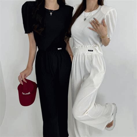 패드내장최저가set 반팔 패드 플리츠 물결 퍼프 크롭티 패치 하이 밴딩 롱 와이드 팬츠 트레이닝 세트 3color