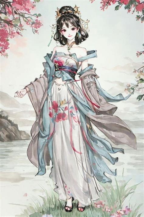 个女孩 裙子 单人 珠宝 全身像 发饰 微笑 黑发 草 花 裸露的肩膀 耳环 衣带 一个退休老头喜欢自嗨的以图出图 通用模式作品