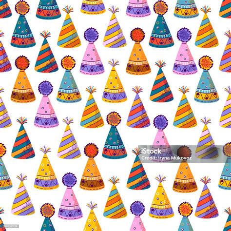 축제 디자인의 화려한 질감 파티 모자의 완벽 한 패턴 줄무늬 점 Pompom을 특징으로합니다 파티 초대장 포장지 이벤트 장식 디지털 배경 벡터 일러스트 레이 션 개인