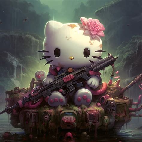 Premium Photo There Is A Hello Kitty With A Gun Sitting On A Tank