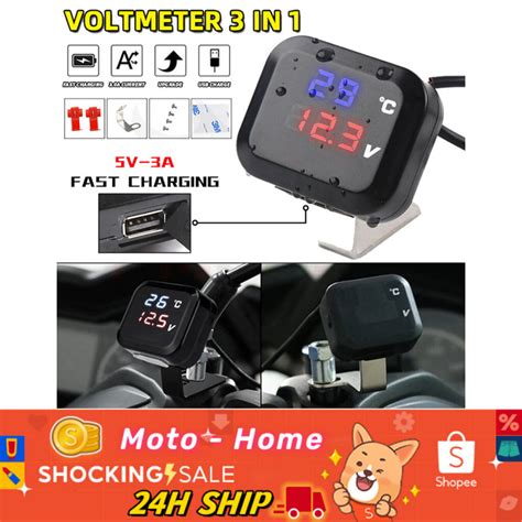 3 In 1 Motorcycle Voltmeter Thermometer With Quick Charging Usb Port