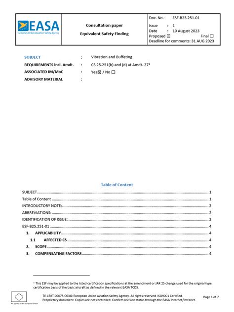 Proposed Equivalent Safety Finding Ref Esf B25251 01 Issue 01 On