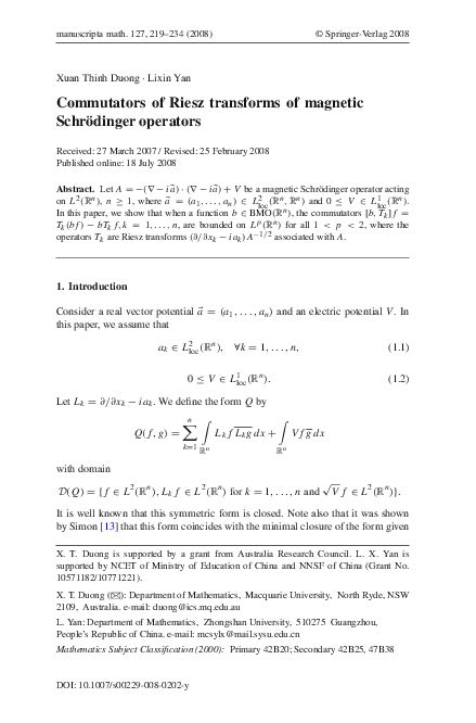 Pdf Commutators Of Riesz Transforms Of Magnetic Schrödinger Operators