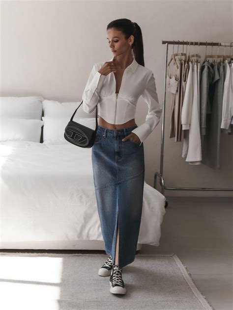 Джинсовая юбка макси с диагональным швом :: LICHI - Online fashion store