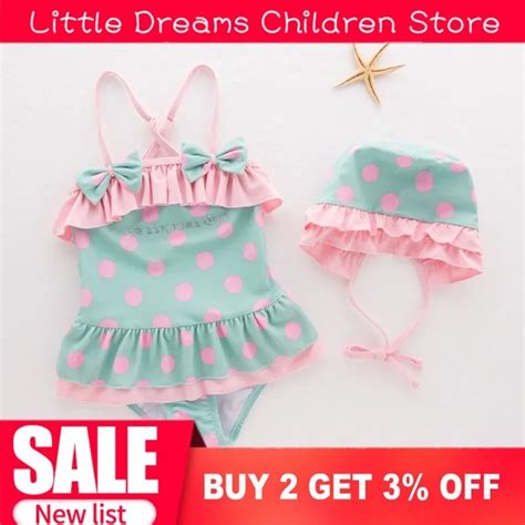 Детский купальный костюм для девочек Купальник розовый зеленый в горошек с бантом с пятнами