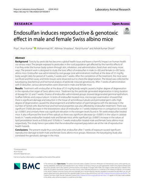 Pdf Endosulfan Induces Reproductive And Genotoxic Effect In Male And Female Swiss Albino Mice