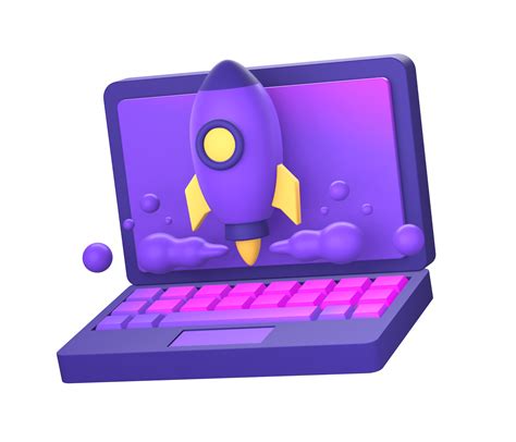 3d Purple Illustration Icon Of Simple Laptop With Spaceship Or Spacecraft Rocket Side For Ui Ux