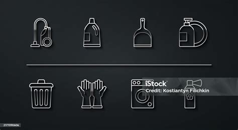 세트 라인 진공 청소기 쓰레기통 식기 세척 액체 병 세탁기 고무 장갑 세척제 병 공기 청정제 스프레이 및 쓰레받기 아이콘 벡터 가사 집안일에 대한 스톡 벡터 아트 및 기타