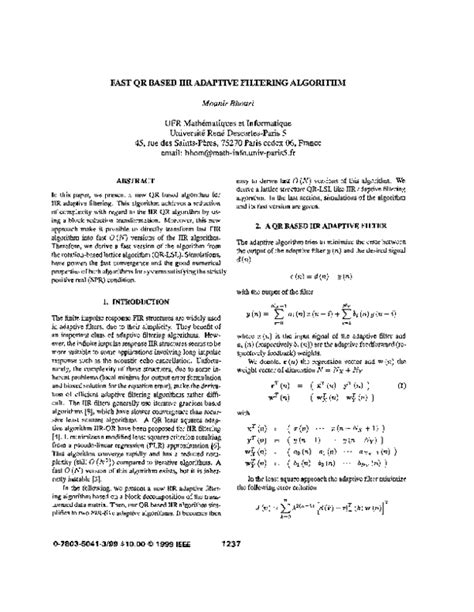 Pdf Fast Qr Based Iir Adaptive Filtering Algorithm