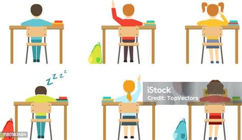 교실에서 책상에 앉아 학교 학생 뒤에서보기 수업에 아이들 학교 벡터 일러스트에서 공부하는 학생 캐릭터 교실에 대한 스톡 벡터 아트 및 기타 이미지 Istock