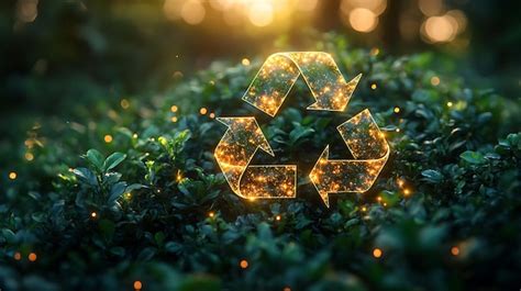 В поле зеленых листьев изображен светящийся символ переработки с мягким размытым закатом солнца