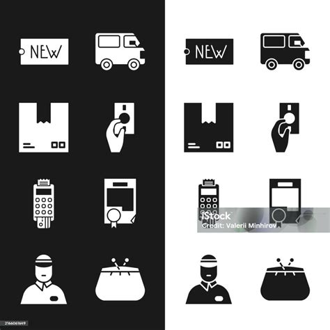 세트 손 들고 돈 교통 기호와 골 판지 상자 가격표 텍스트 새로운 배달화물 트럭 차량 Pos 터미널 신용 카드 인증서 템플릿 지갑 및 판매자 아이콘 벡터 가방에 대한 스톡