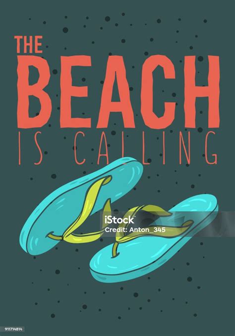 해변 여름 포스터 디자인 플립 퍼 슬리퍼 비치 신발 손으로 그린 그림 벡터 그래픽입니다 계절에 대한 스톡 벡터 아트 및 기타
