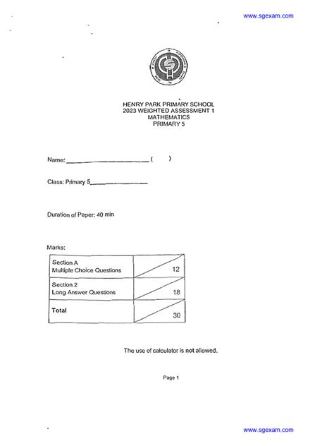 2023 P5 Maths Weighted Assessment 1 Henry Park Pdf