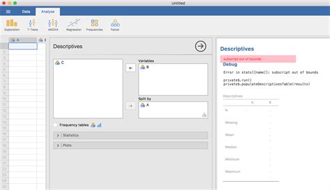Descriptives Throws Cryptic Error When Splitting By Variable With No Data · Issue 305 · Jamovi