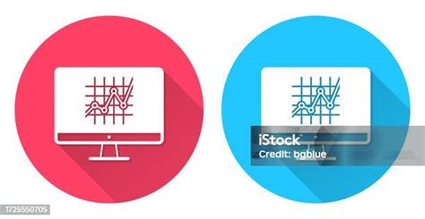 그래프가 있는 데스크톱 컴퓨터 빨간색 또는 파란색 배경에 긴 그림자가 있는 둥근 아이콘 가격에 대한 스톡 벡터 아트 및 기타 이미지 가격 개념 그래프 Istock
