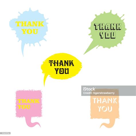 벡터 만화 음성 거품 유행 플랫 스타일에서의 설정 손으로 그려 당신을 감사 하는 문구를 말풍선의 컬렉션 질감된 페인트 브러시 및 스트로크 사용 Brand Name