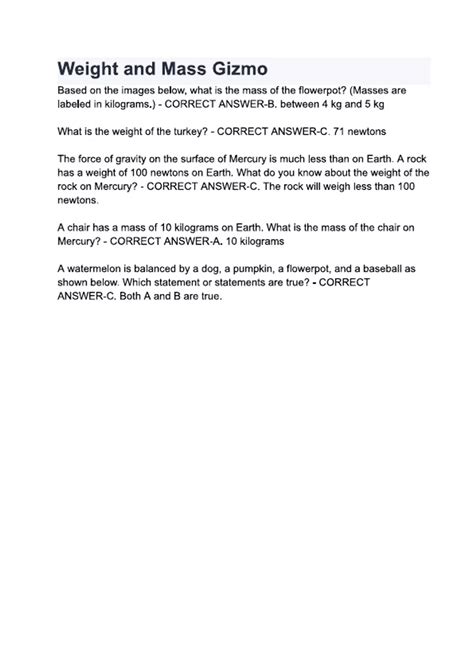 Weight And Mass Gizmo Questions And Answers Latest 2024 2025 Update Actual Exam Questions