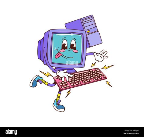 Retro Groovy Computer Monitor Character Typing On Keyboard Cartoon Vector Vintage Pc Personage