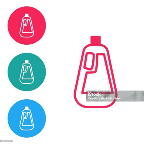 빨간색 선 액체 세탁 세제 표백제 흰색 배경에 격리 된 식기 세척 액상 용 플라스틱 병 원 버튼으로 아이콘을 설정합니다 벡터 일러스트레이션 가사 집안일에 대한 스톡 벡터