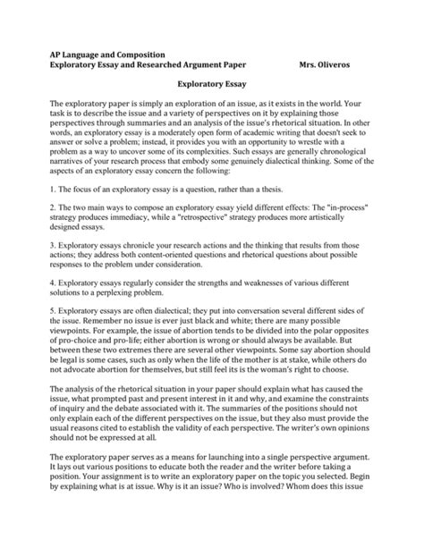 AP Lang Exploratory Argument Essay Assignment