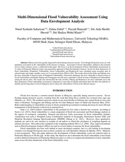 Pdf Multi Dimensional Flood Vulnerability Assessment Using Data Envelopment Analysis