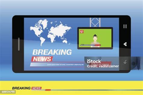 속보 뉴스의 배경 가진 스마트폰 현대 모바일 Tv입니다 모니터 화면에 기자입니다 벡터 일러스트 Eps 10 뉴스 캐스터에 대한