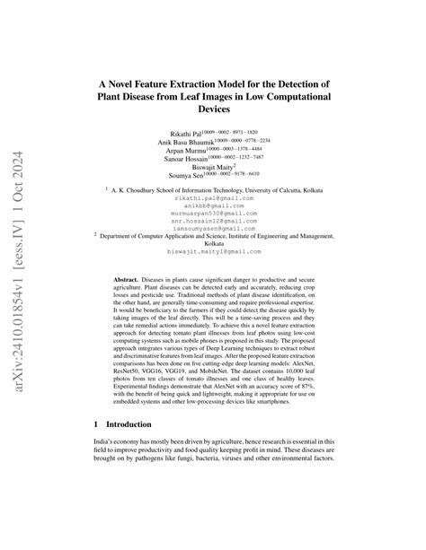 pdf a novel feature extraction model for the detection of plant