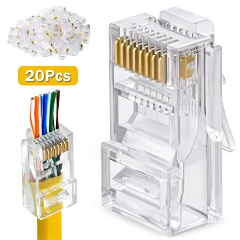20pcs Rj45 Cat5e Connector Crystal Unshielded Rj45 Ends Utp 8pin