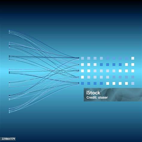 부드러운 파란색 그라데이션 배경을 배경으로 다양한 음영의 그리드를 향해 수렴하는 유려한 선이 특징인 디지털 디자인입니다 S 모양에 대한 스톡 벡터 아트 및 기타 이미지