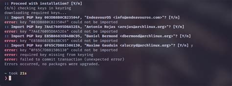 unable to import pgp keys for system update pacman endeavouros