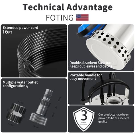 FOTING Full 304 Stainless Steel Sump Pump With Float Switch 1HP 4600GPH Automatic Submersible