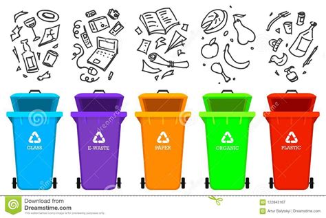 Recycling Garbage Elements Bag Or Containers Or Cans For Different Trashes Sorting And Utilize