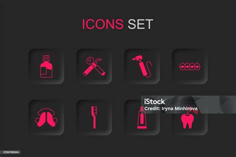 칫솔 치과 거울 및 프로브 구강 세정제 치약 튜브 교정기가 있는 치아 충치 드릴 및 플레이트 아이콘을 설정합니다 벡터 건강 진단에 대한 스톡 벡터 아트 및 기타 이미지