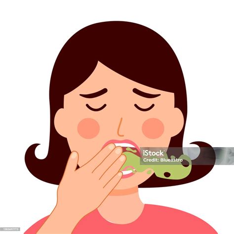 흰색 배경에 평면 디자인에 구취와 여자 냄새 나는 입 개념 벡터 일러스트 구강 건강 당황에 대한 스톡 벡터 아트 및 기타 이미지 당황 더러운 벡터 Istock