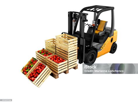 노란색 흰색 바탕에 빨간 사과 3d 렌더링의 로드 상자 그림자 지게차 0명에 대한 스톡 사진 및 기타 이미지 0명 나무