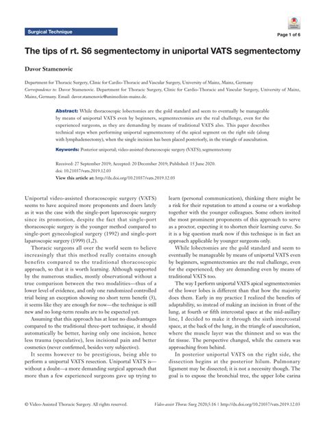 Pdf The Tips Of Rt S6 Segmentectomy In Uniportal Vats Segmentectomy