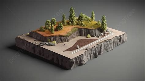 나무가 있는 작은 섬의 모형 토양 섹션이 있는 도로의 아이소메트릭 조각의 3d 그림 3d 그림 토양과 바위 생태 고화질 사진 사진 배경 일러스트 및 사진 무료 다운로드