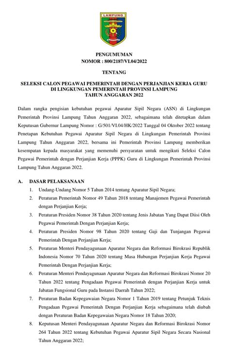 Pengumuman Tentang Seleksi Calon Pegawai Pemerintah Dengan Perjanjian Kerja Guru Di Lingkungan