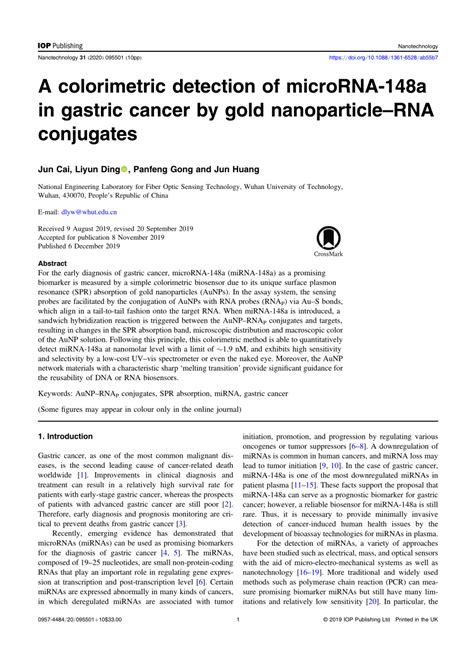 A Colorimetric Detection Of Microrna 148a In Gastric Cancer By Gold Nanoparticle Rna Conjugates