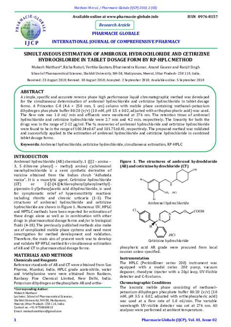 Pdf Simultaneous Estimation Of Ambroxol Hydrochloride And Cetirizine Hydrochloride In Tablet