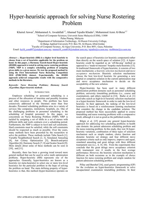 Pdf Hyper Heuristic Approach For Solving Nurse Rostering Problem