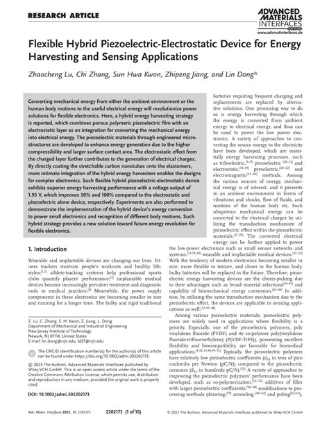 Pdf Flexible Hybrid Piezoelectric‐electrostatic Device For Energy Harvesting And Sensing