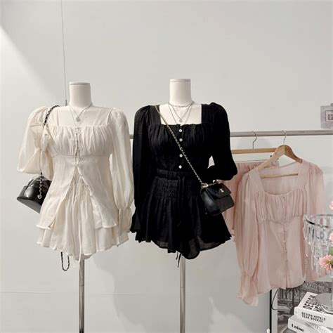 세트가격페미닌 여름 청순 여신 스퀘어넥 쉬폰 시스루 벌룬 퍼프 프릴 셔링 블라우스 밴딩 A라인 플레어 플리츠 캉캉 미니 스커트 투피스 세트 3color