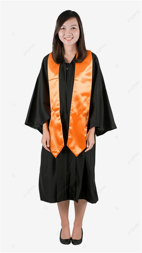 아시아 여성 10대 짧은 머리 정면 졸업 화보 입는 것 검정 졸업 가운 와 오렌지색 띠 눈금 졸업 시즌 졸업 가운을 입은 소녀들 Png 일러스트 및 이미지 에 대한
